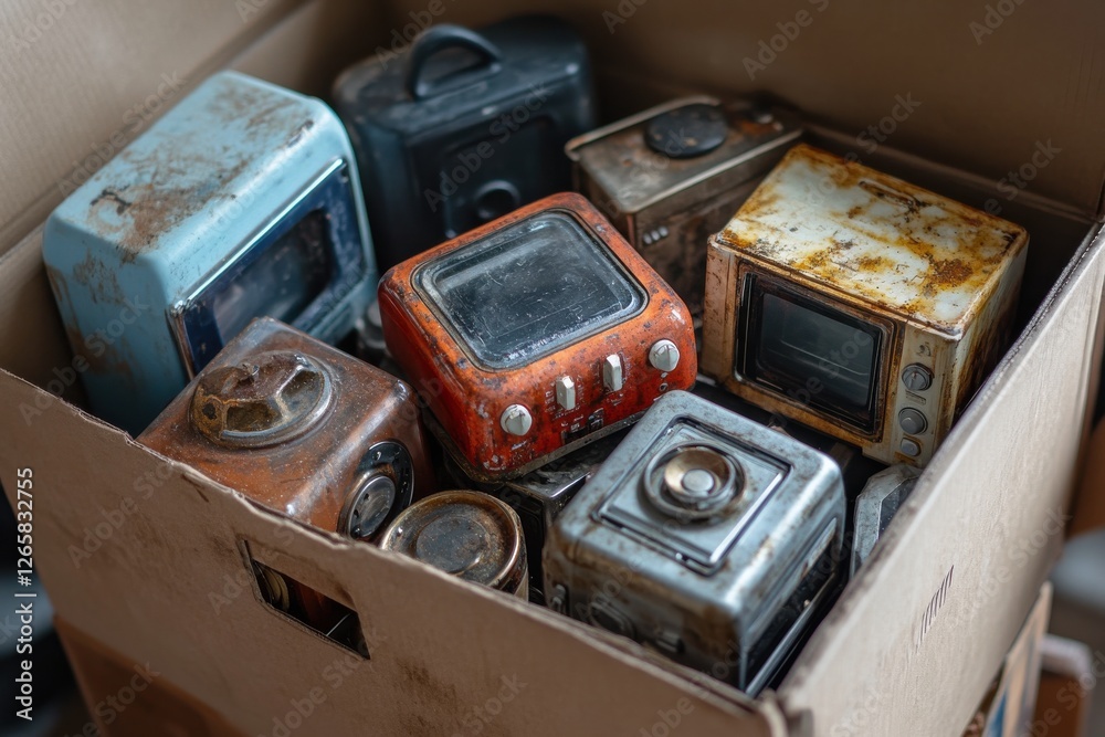 Vintage television set collection in a cardboard box waiting to be ...