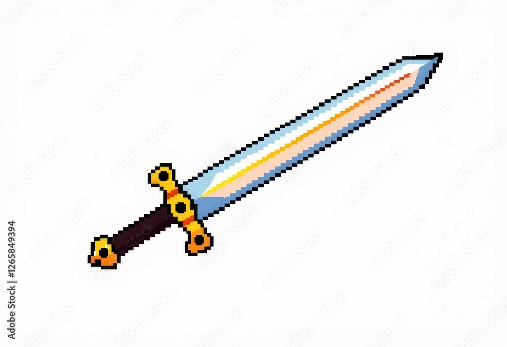 8-bit pixel art of a pixelated sword with a golden hilt, isolated on a ...