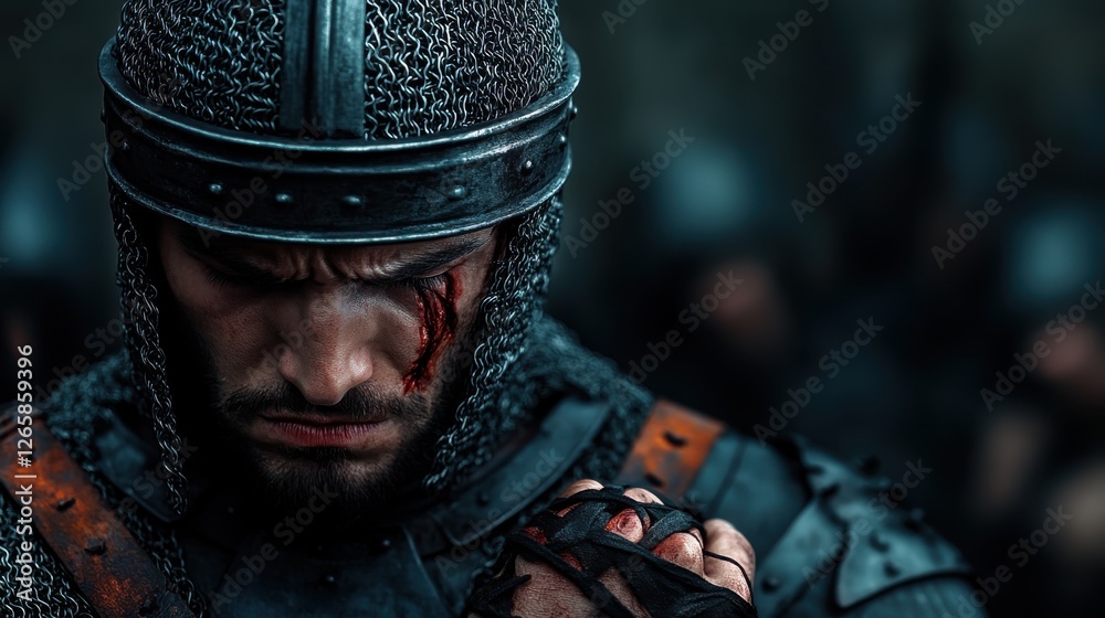 A medieval warrior, clad in chainmail and helm, has a bloody gash on ...