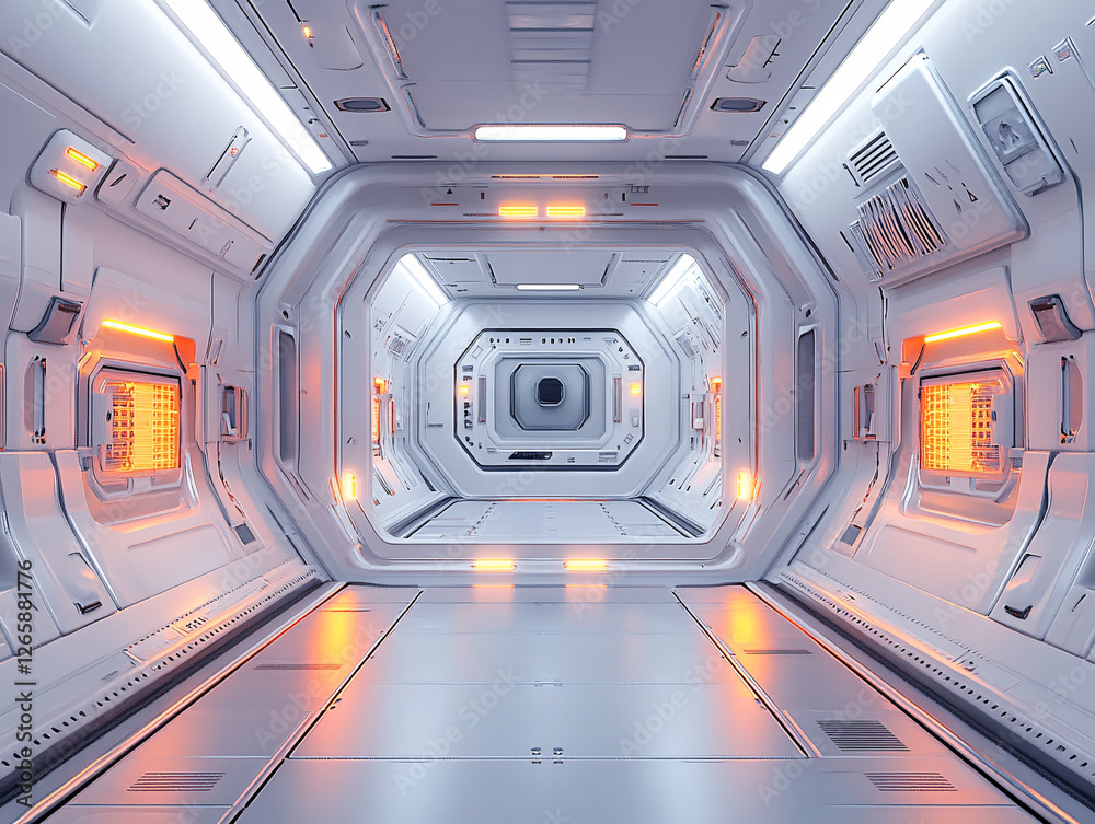 interior of a futuristic, high-tech space station or spacecraft ...