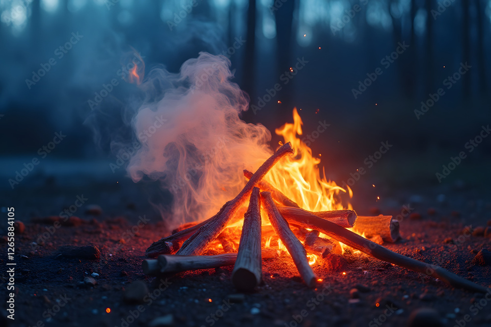 Nighttime campfire in the forest with smoky air Stock Photo | Adobe Stock