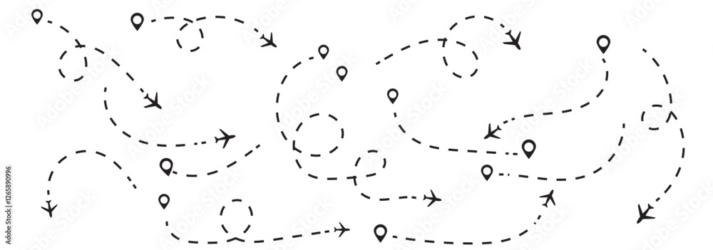 Airplane routes set. Plane route line. Planes dotted flight pathway ...