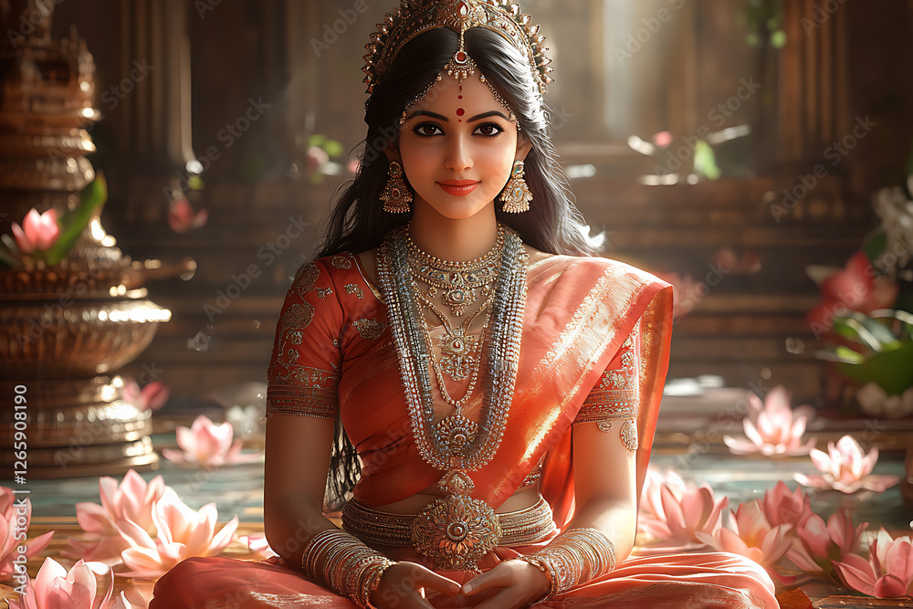 An illustration of the Hindu goddess Lakshmi in a seated pose, adorned ...