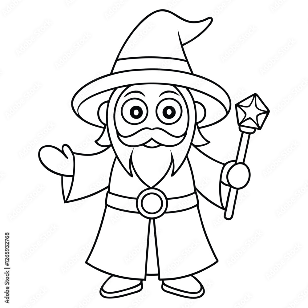 Friendly Cartoon Wizard with Staff coloring page for kids Stock Vector ...