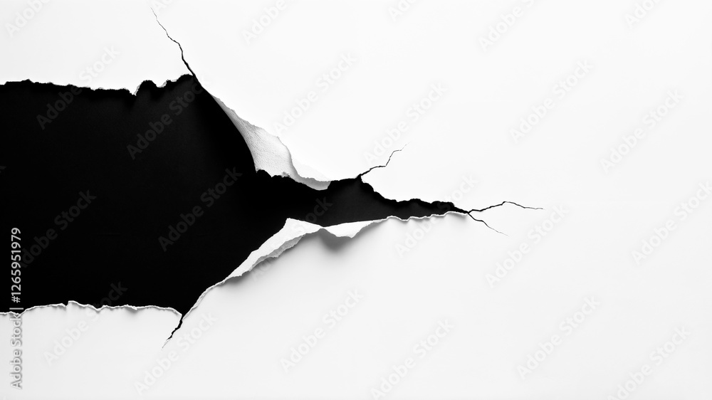 Cracked and torn white paper revealing a deep black void Stock Photo ...