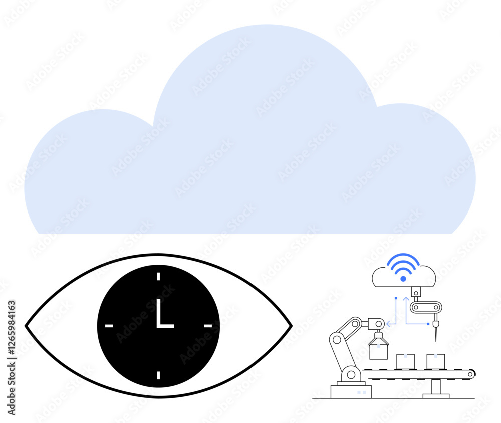 Eye with clock symbolizing time, cloud for technology, robotic arm on ...