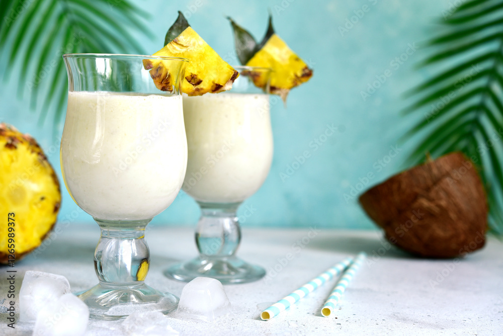 Traditional caribbean cocktail pina colada with ingredients for making ...