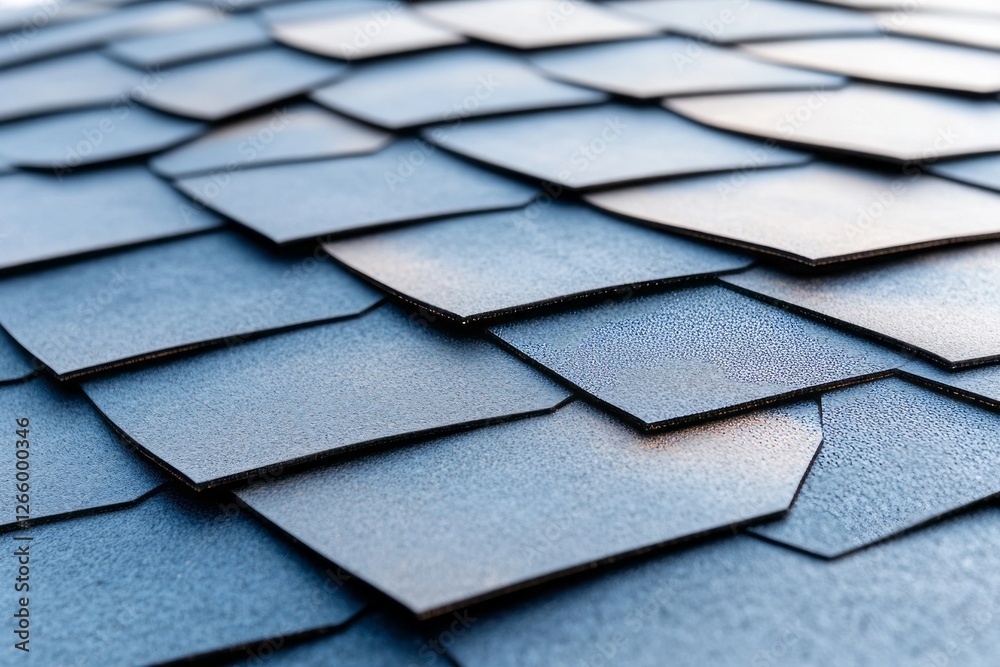 Textured bitumen shingles covering a residential roof in perspective ...