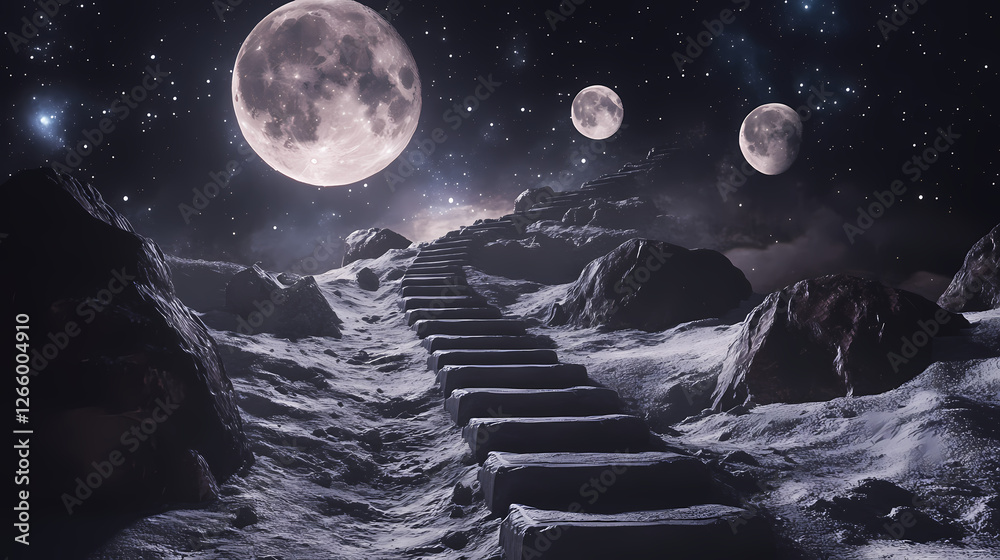 Explore the moon phases as stepping stones across a starry landscape in ...