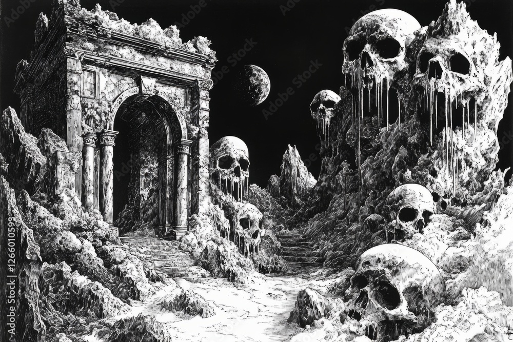 Surreal black and white illustration of melting skulls and ruined ...