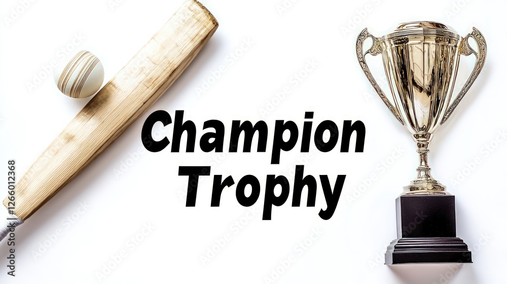 "Champion Trophy" text with cricket bat and ball along with a trophy ...