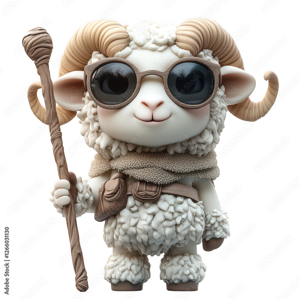 Foto de Stock 3D Cute Ram with Sunglasses and Staff Figurine Character ...