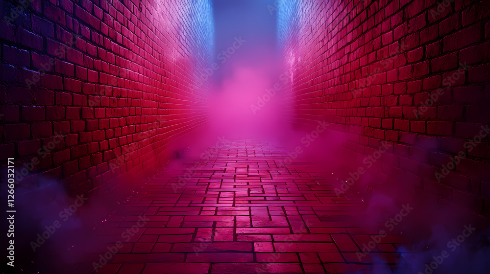 Mystical red brick alley with fog and neon glow illuminating the path ...