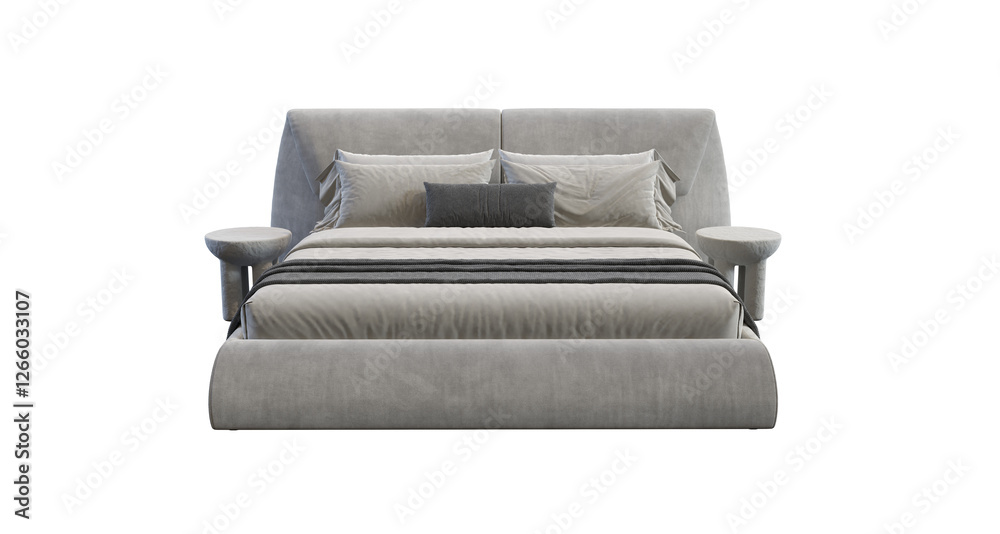 Bed with pillows, bedside tables isolated premium realistic PNG on ...