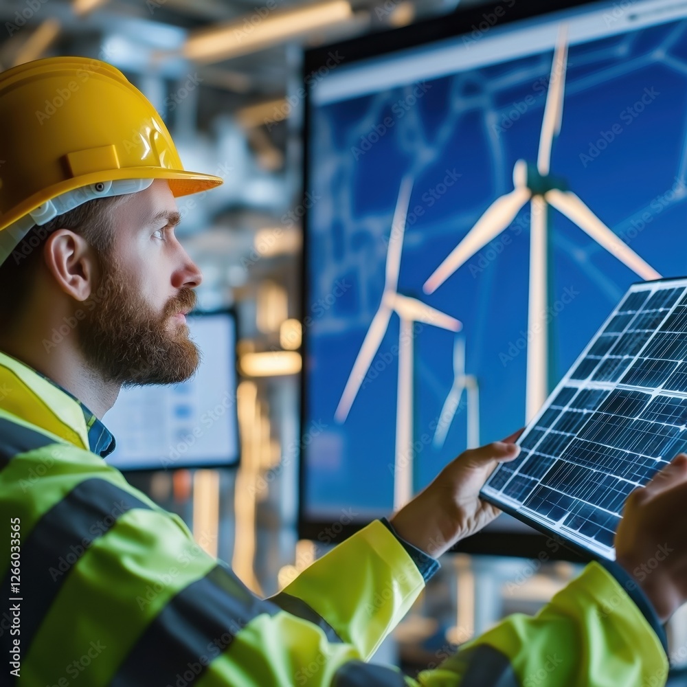 Engineer evaluating renewable energy solutions with solar panel and ...