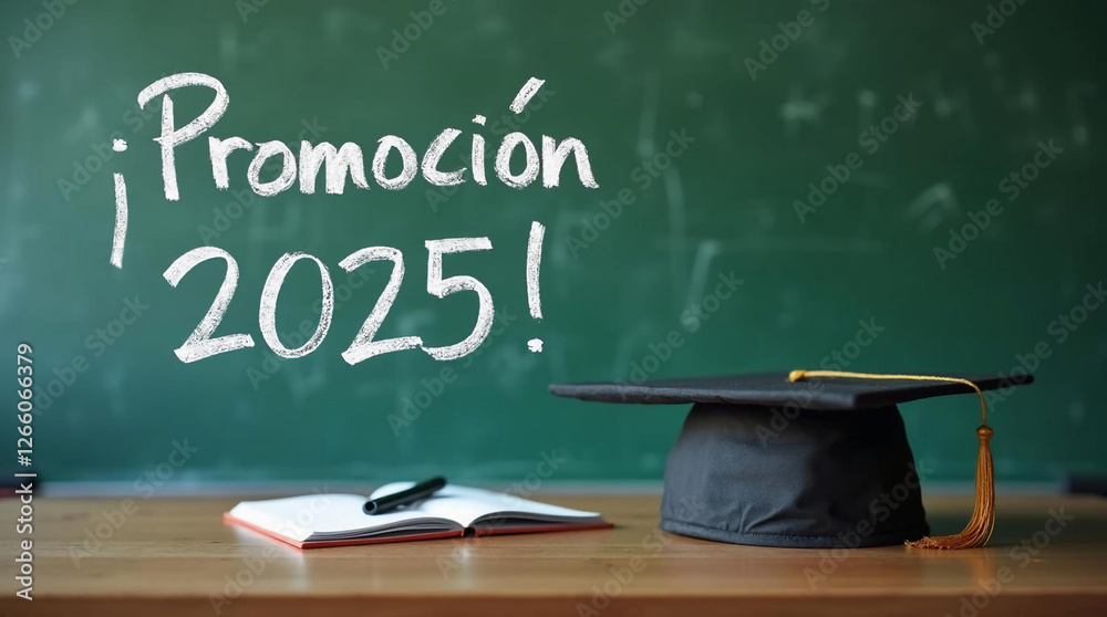 'Promoción 2025' Texto y un birrete de graduación dibujados con tiza en ...
