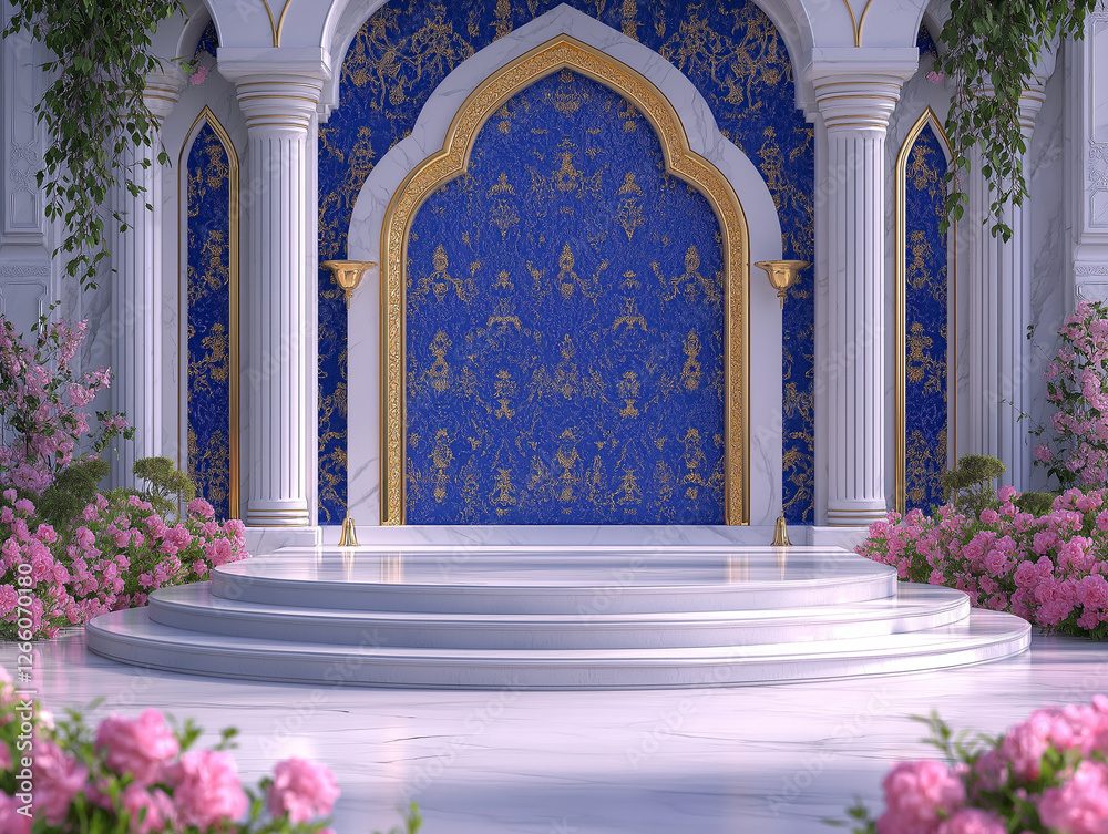 Majestic Islamic arch with golden detailing on a blue velvet background ...