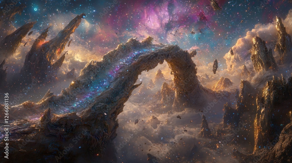 Cosmic rock bridge to galaxy over clouds. Concept art. For fantasy book ...