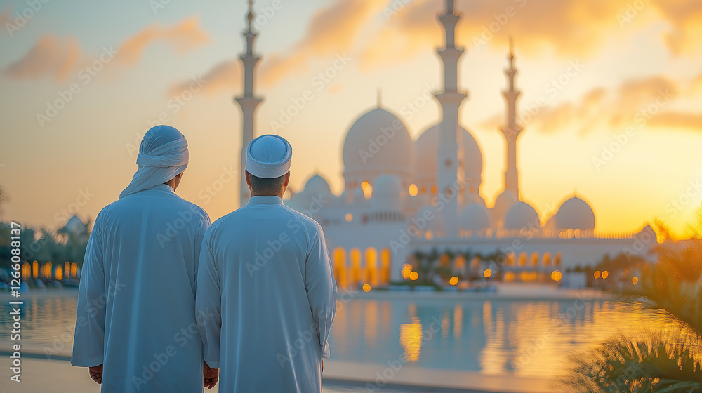 Two Muslim men standing together facing a beautiful mosque at sunset ...