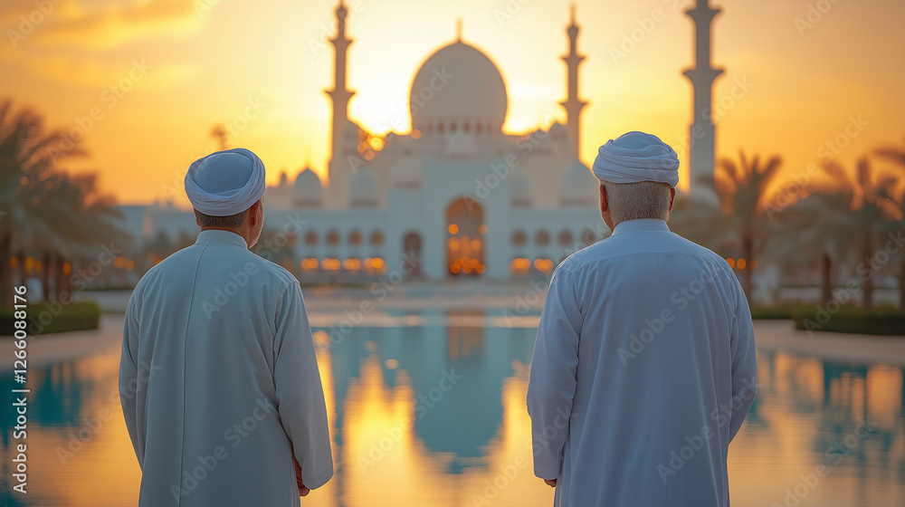 Two Muslim men standing together facing a beautiful mosque at sunset ...