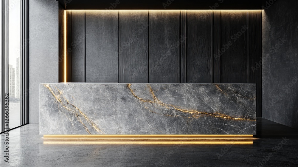 Luxury trade fair booth counter with a marble-textured finish and soft ...