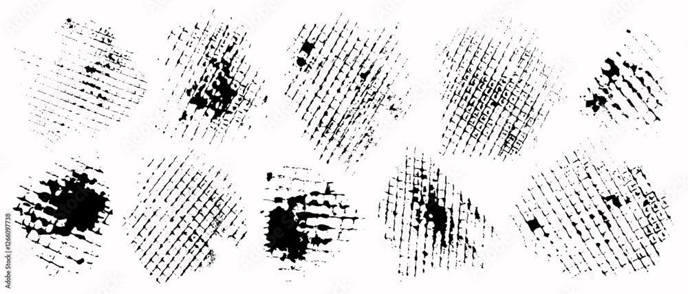 Set of paint stains as mesh black ink print with smudged rough edges ...