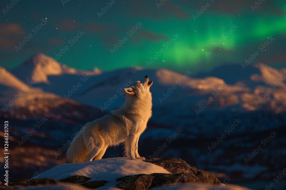 Arctic wolf howling under northern lights in a snowy mountain landscape ...