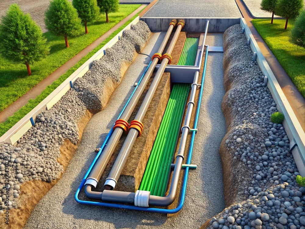 Underground Drainage System: Cross-Section of Pipes, Gravel, and ...