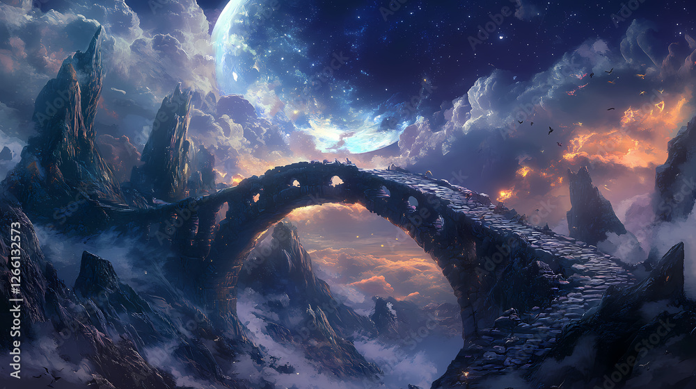 Ilustración de Stock An ancient stone bridge stretches over a celestial ...