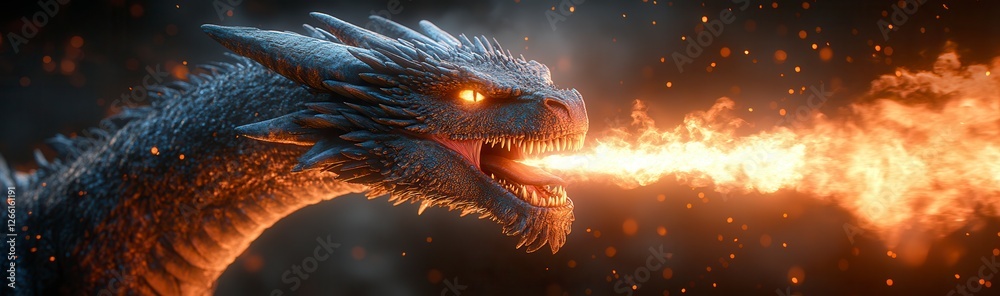 Majestic Creature Breathing Fire In Fantasy Setting.Illustration ...