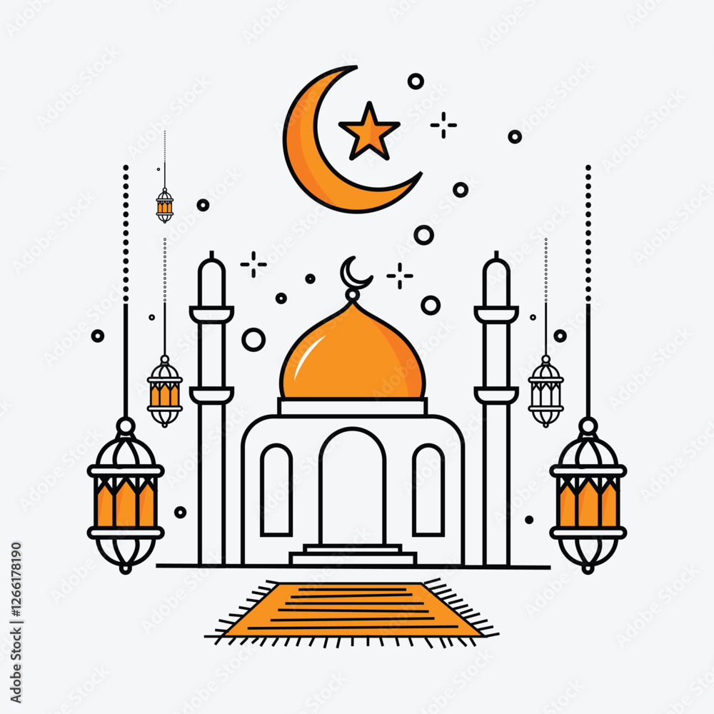 Minimalist Ramadan Scene Line Art Vector Illustration with Mosque ...