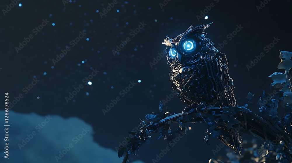 Illuminated owl perched on a tree branch against a starry night sky showcasing glowing blue eyes ...