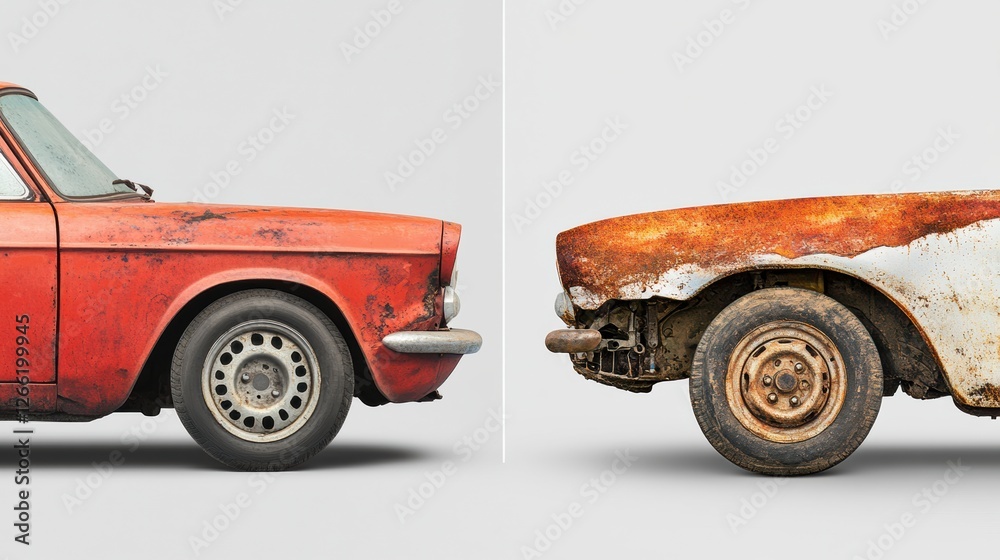 Comparison of a dented rusted car with a fully restored vehicle showing ...
