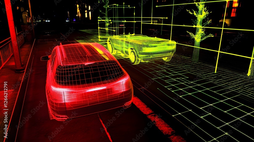 Single-photon laser scanning a distant object with 3D grid overlay, showcasing advanced LiDAR ...
