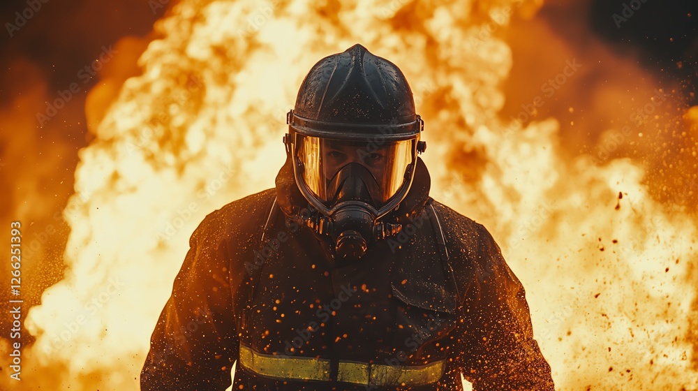 A courageous fireman in full gear, extinguishing flames and protecting ...