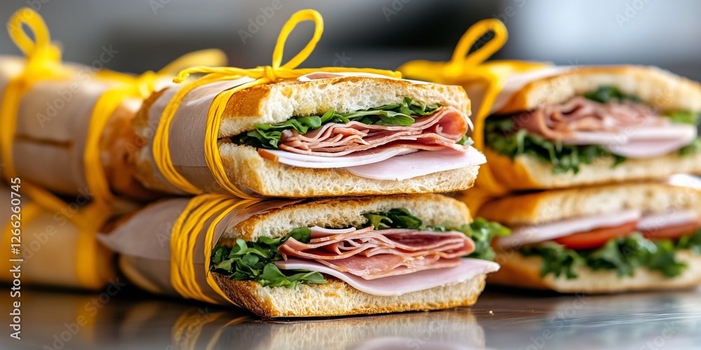 Panini sandwiches stacked, wrapped in paper, secured with yellow string ...
