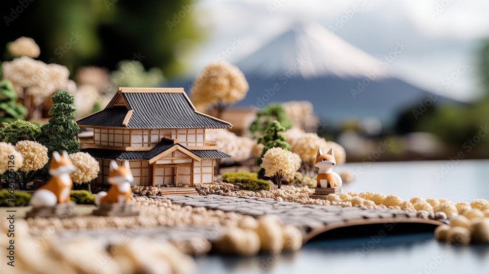 Miniature house on table with mountain background and detailed mount ...