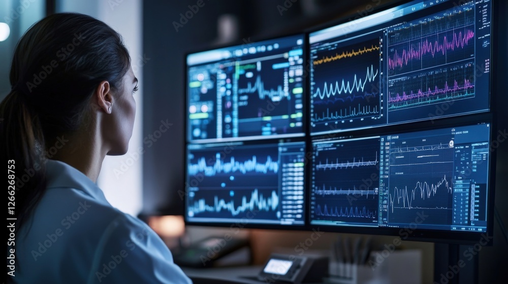Young female doctor is working late at night and analyzing ekg data on ...