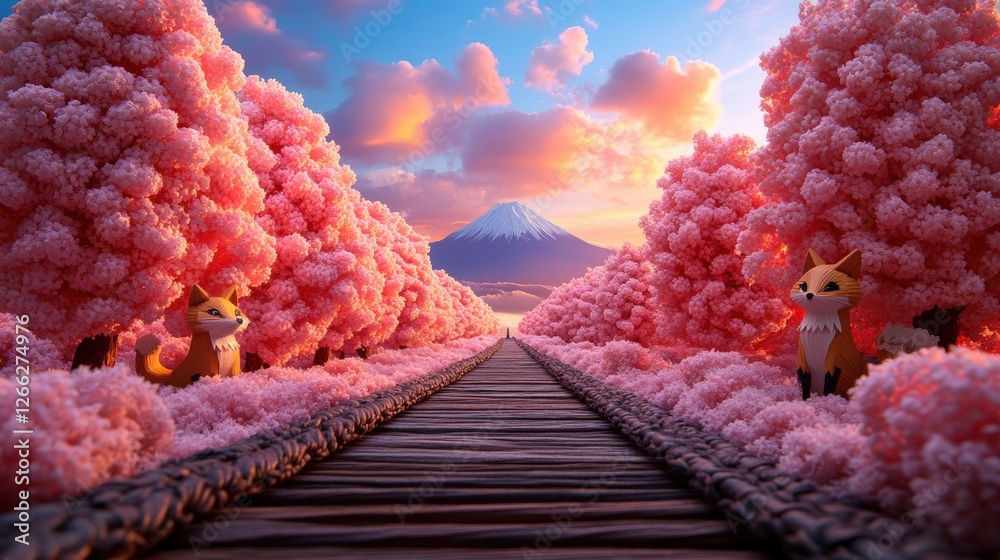 Wooden bridge with a horse and miniature diorama of mount fuji in a ...