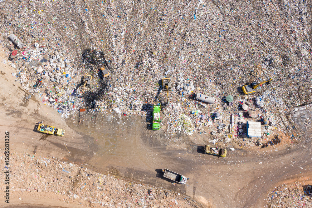 Aerial top view of A Huge Waste, garbage, dump, rubbish landfill. A ...
