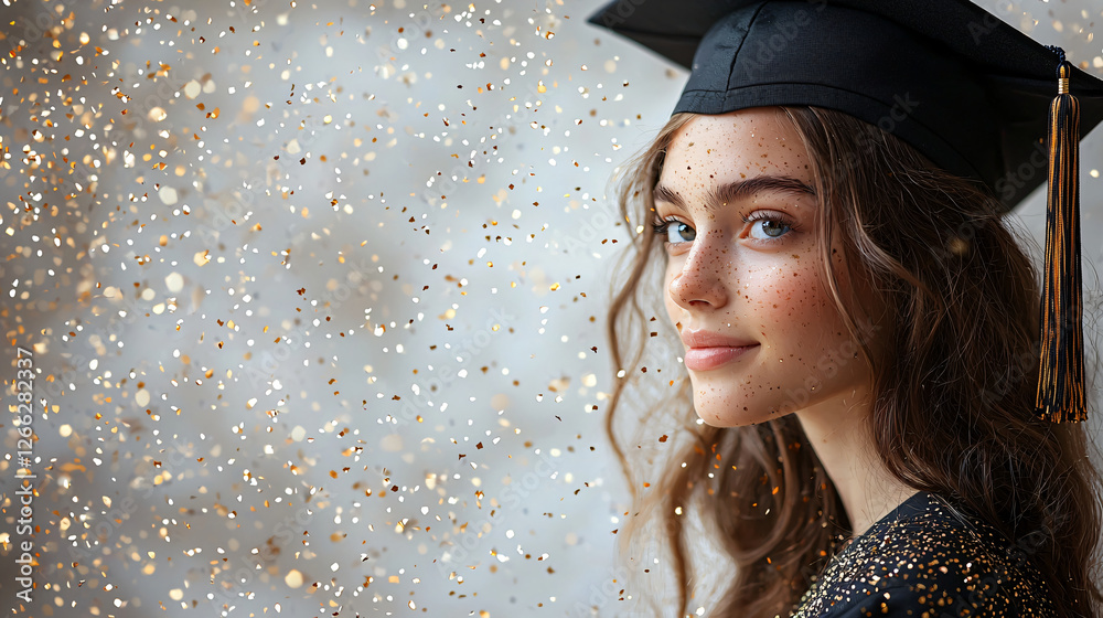 Graduation Background with teenager Student wearing a mortarboard. Gold ...