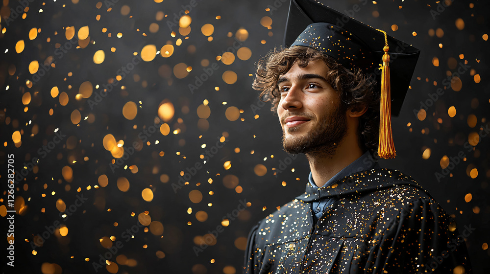 Graduation Background with teenager Student wearing a mortarboard. Gold ...