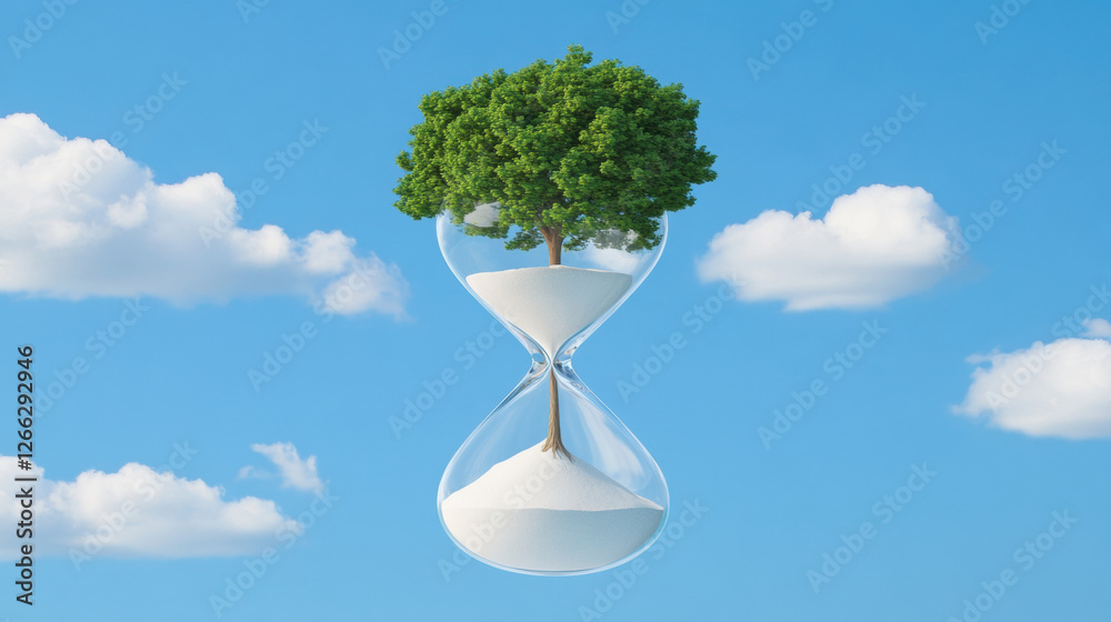 Time never turns back, A tree growing from an hourglass, roots buried ...