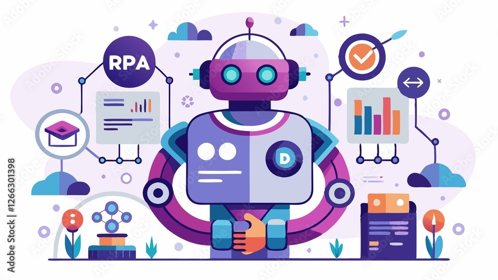 This image depicts a futuristic 3D robot seamlessly integrating AI-powered RPA and DMS into a ...