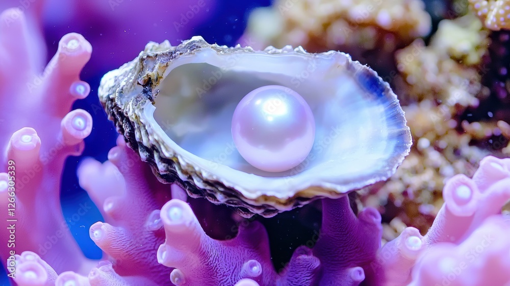Exploring the beauty of a pearl in an open oyster underwater reef macro ...