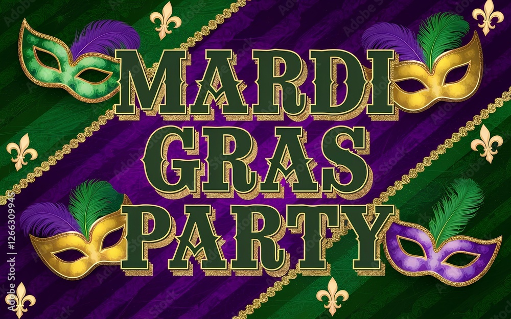 Mardi Gras Party text in bold serif font with a gold outline on ...