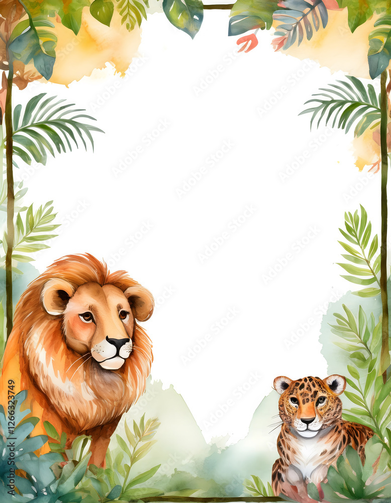 Cute safari animals in the jungle. Children's book cover. Frame border ...