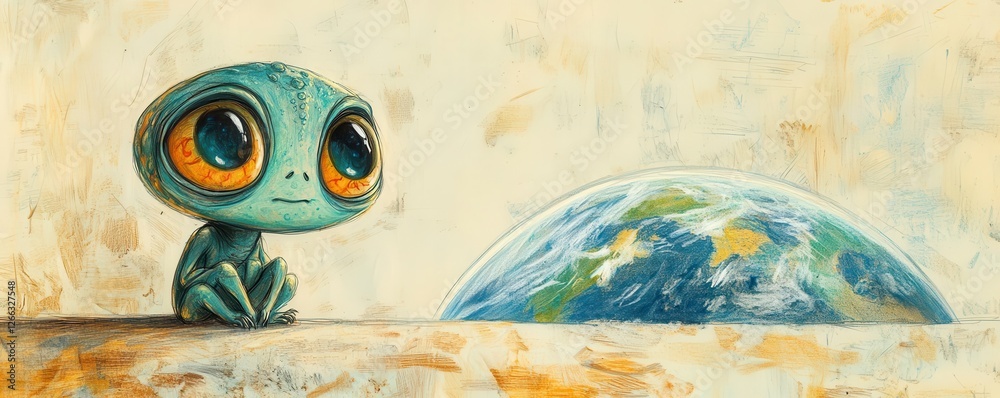 Whimsical sketch of a cartoon alien seeing Earth for the first time ...