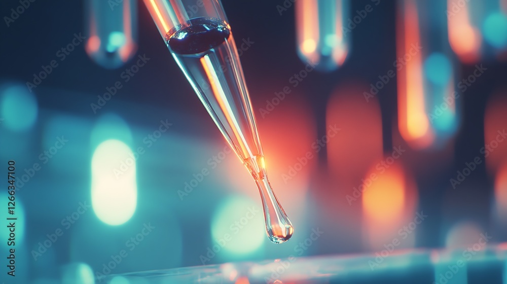 Colorful liquid droplets from a pipette being released into a ...