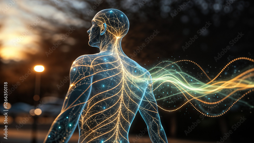 Digital representation of human form with glowing energy meridians ...